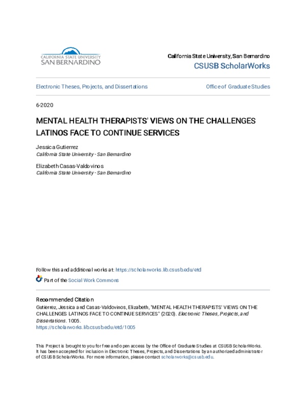 (PDF) MENTAL HEALTH THERAPISTS\u27 VIEWS ON THE CHALLENGES LATINOS FACE ...