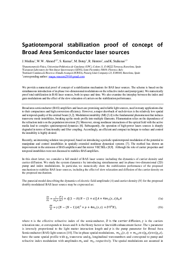(PDF) Spatiotemporal stabilization proof of concept of Broad Area ...
