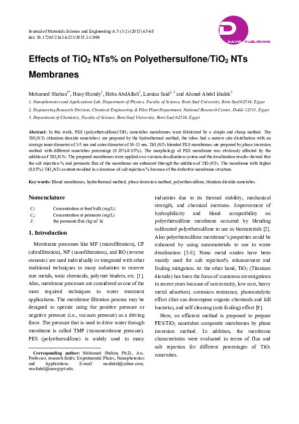 (PDF) Effects of TiO2 NTs% on Polyethersulfone/TiO2 NTs Membranes