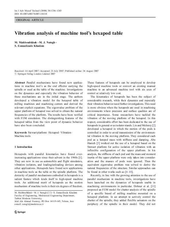 (PDF) Vibration analysis of machine tool’s hexapod table