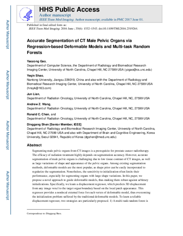Pdf Accurate Segmentation Of Ct Male Pelvic Organs Via Regression