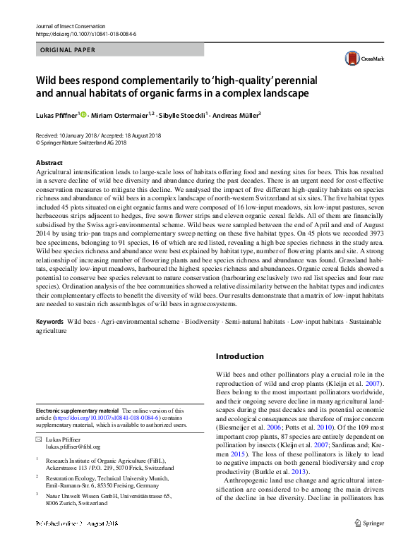 (PDF) Wild bees respond complementarily to ‘high-quality’ perennial and ...