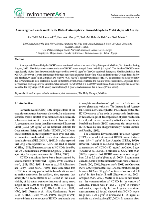 (PDF) Assessing the Levels and Health Risk of Atmospheric Formaldehyde ...