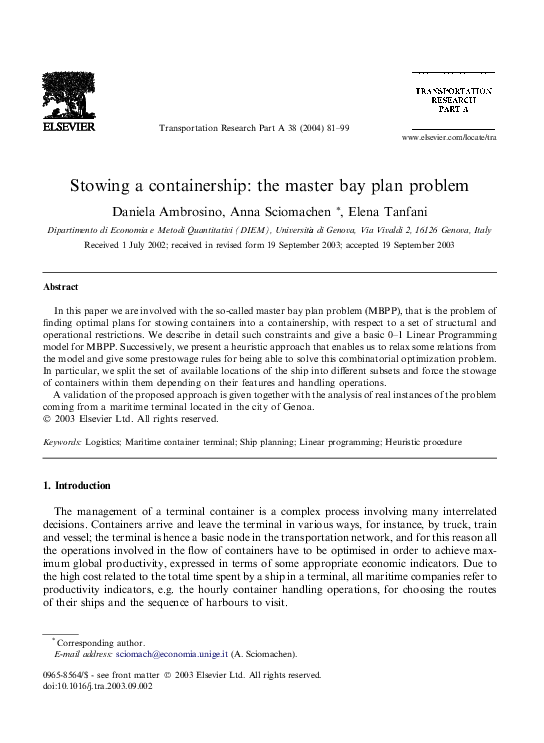 (PDF) Stowing a containership: the master bay plan problem | Anna ...