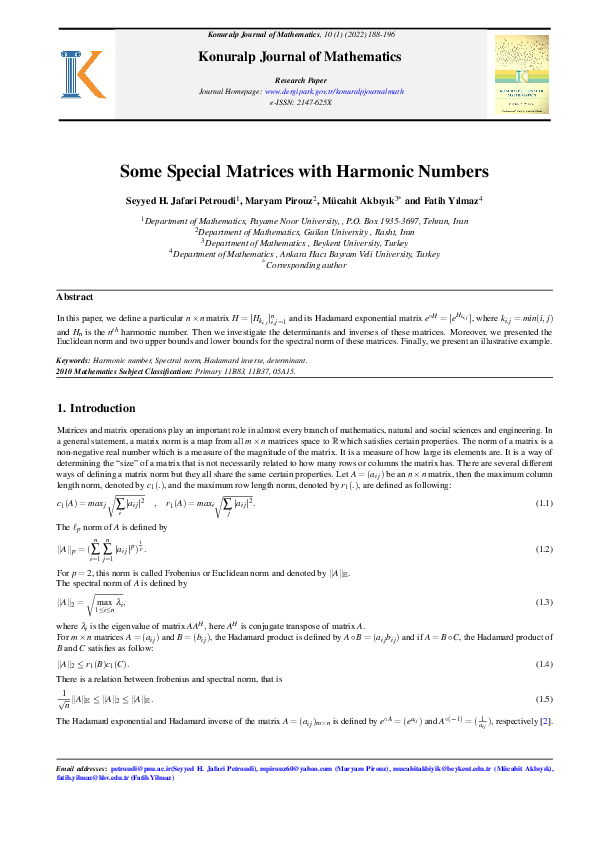 (PDF) Some Special Matrices with Harmonic Numbers