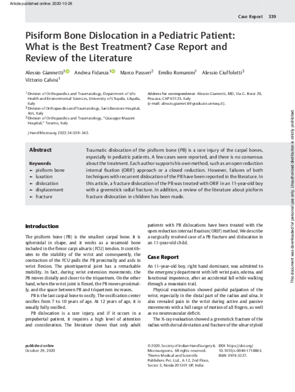 (PDF) Pisiform Bone Dislocation in a Pediatric Patient: What is the ...