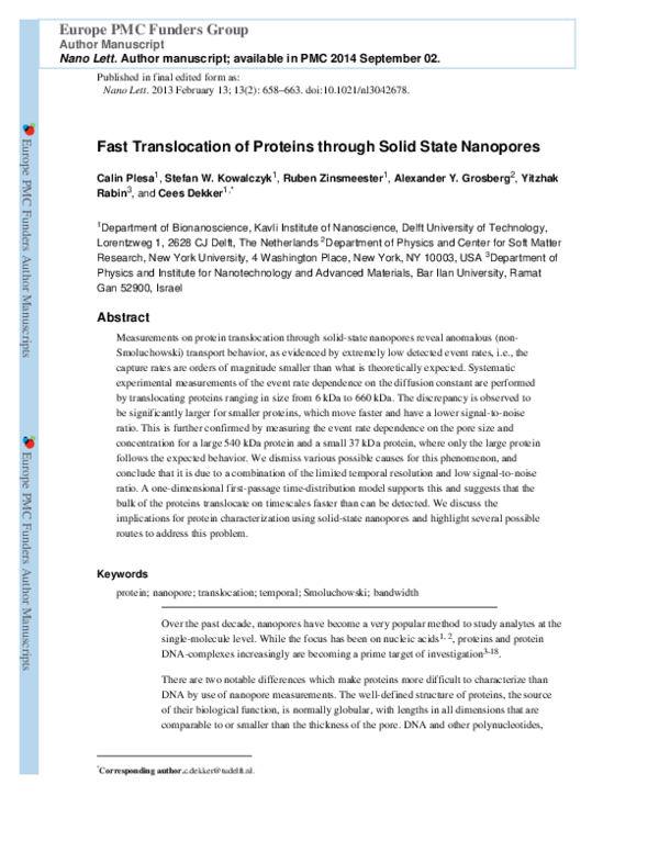 (PDF) Fast Translocation of Proteins through Solid State Nanopores