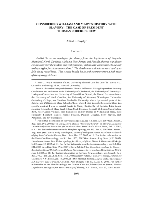 (PDF) Considering William and Mary's History with Slavery: The Case of ...