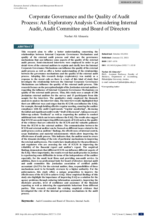 (PDF) Corporate Governance and the Quality of Audit Process: An Exploratory Analysis Considering ...