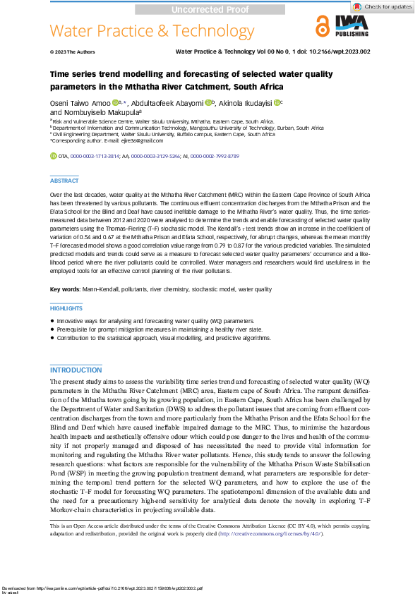 Pdf Time Series Trend Modelling And Forecasting Of Selected Water Quality Parameters In The