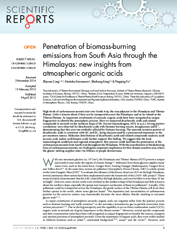(PDF) Penetration of biomass-burning emissions from South Asia through the Himalayas: new ...