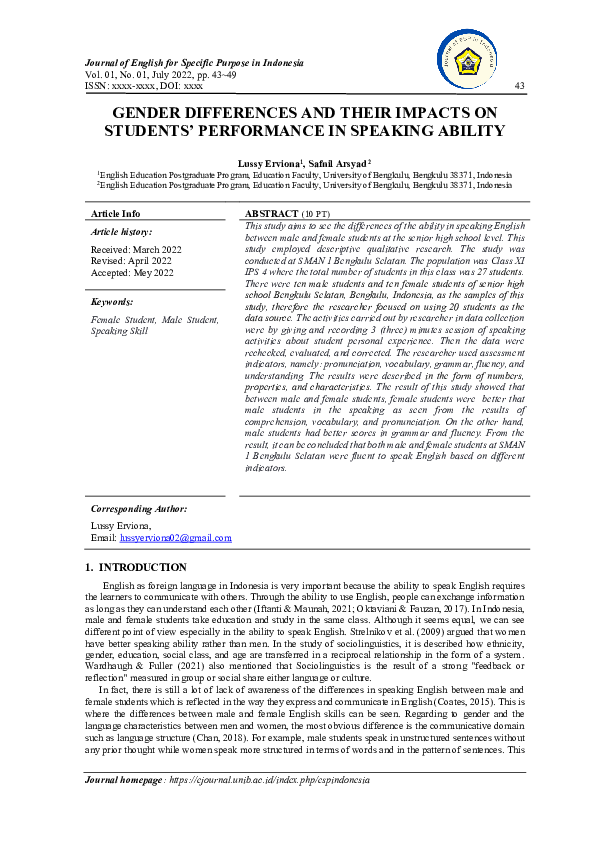(PDF) Gender Differences and Their Impacts on Students’ Performance in Speaking Ability