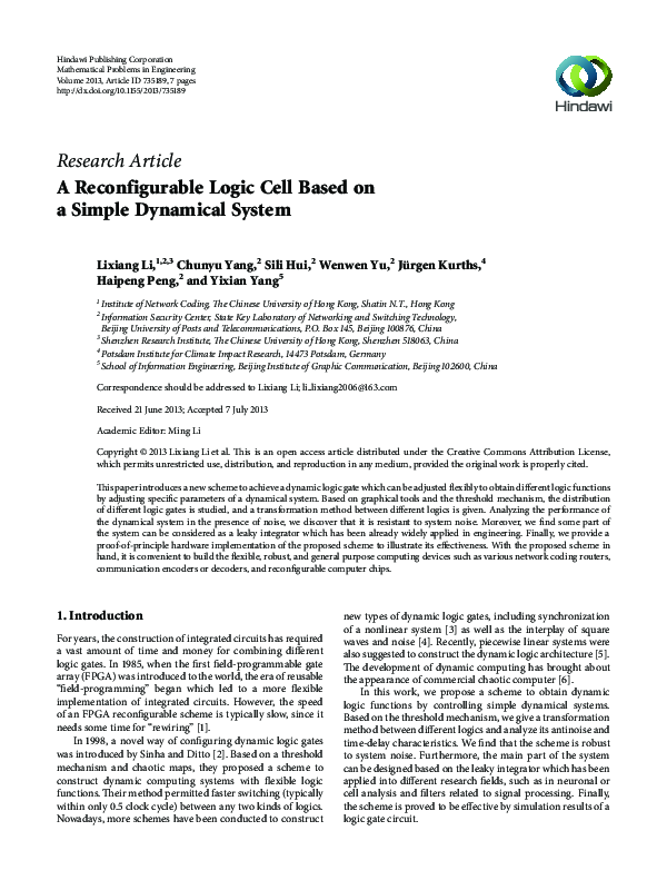 (PDF) A Reconfigurable Logic Cell Based on a Simple Dynamical System