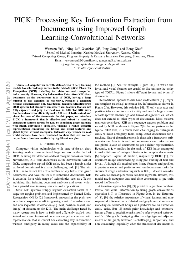 Pdf Pick Processing Key Information Extraction From Documents Using Improved Graph Learning