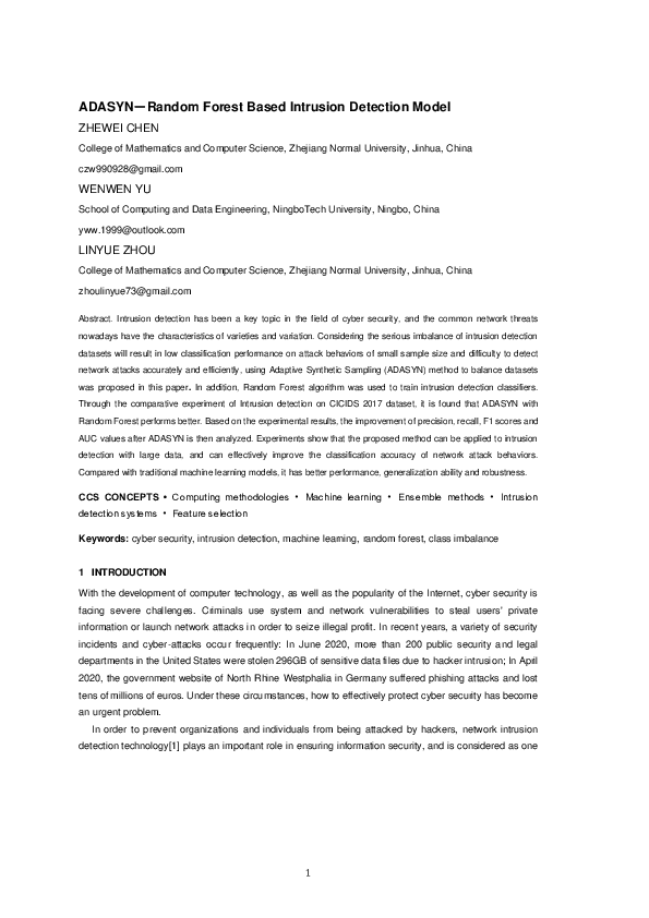 (PDF) ADASYN−Random Forest Based Intrusion Detection Model