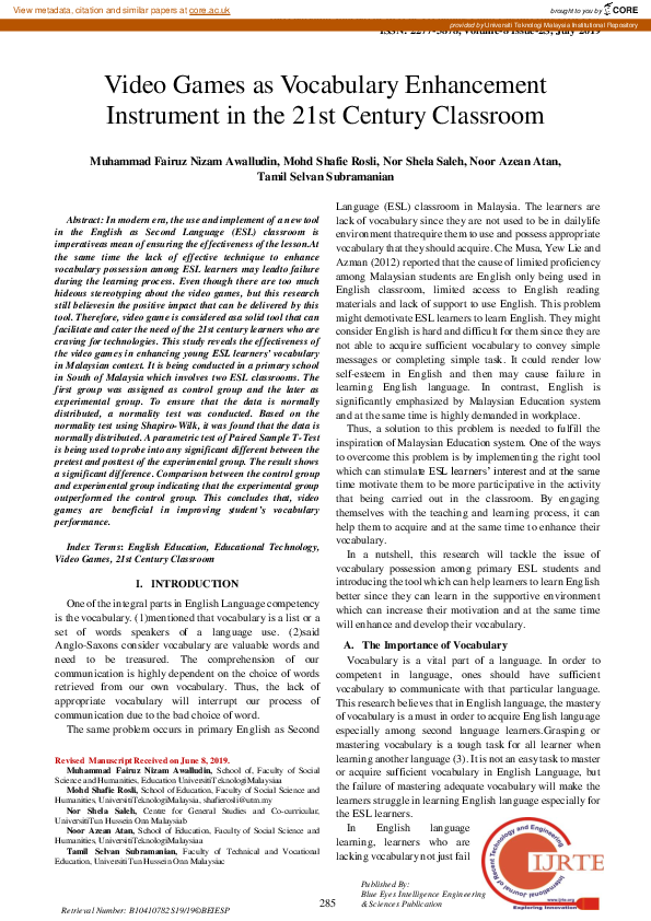 (PDF) Video Games as Vocabulary Enhancement Instrument in the 21 st ...