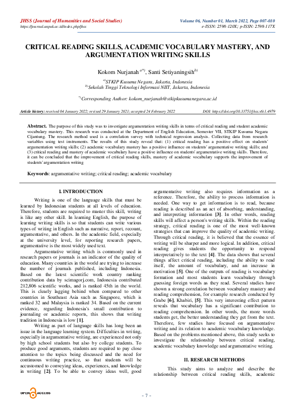 (PDF) Critical Reading Skills, Academic Vocabulary Mastery, and Argumentation Writing Skills