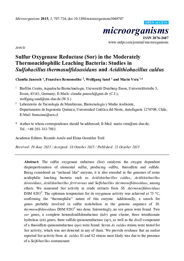 (PDF) Sulfur Oxygenase Reductase (Sor) in the Moderately ...