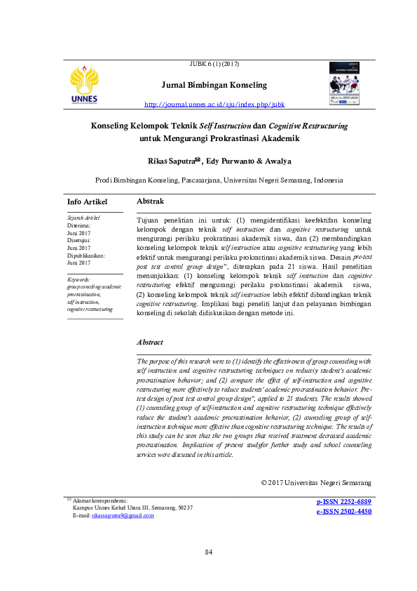 (PDF) Konseling Kelompok Teknik Self Instruction dan Cognitive Restructuring untuk Mengurangi ...