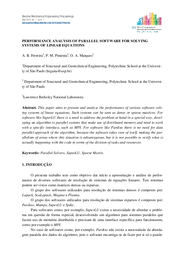 Pdf Performance Analysis Of Parallel Software For Solving Systems Of Linear Equations