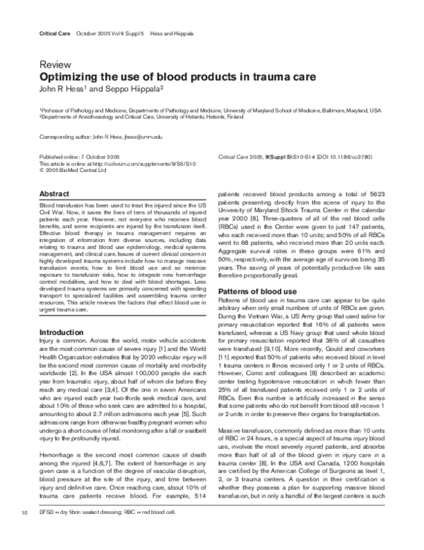 (PDF) Optimizing the use of blood products in trauma care