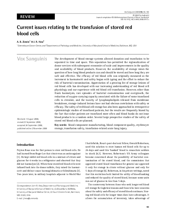(PDF) Current issues relating to the transfusion of stored red blood cells