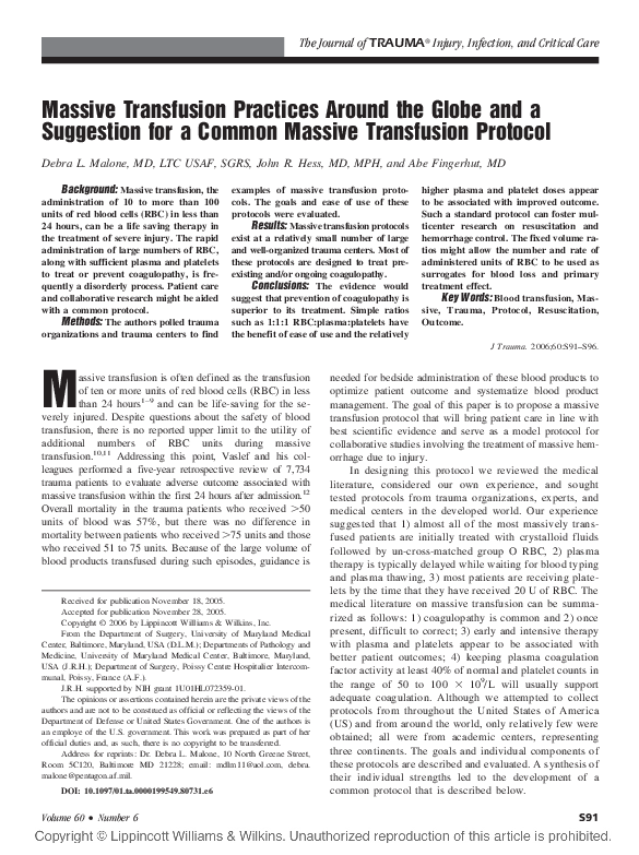 (PDF) Massive Transfusion Practices Around the Globe and a Suggestion ...