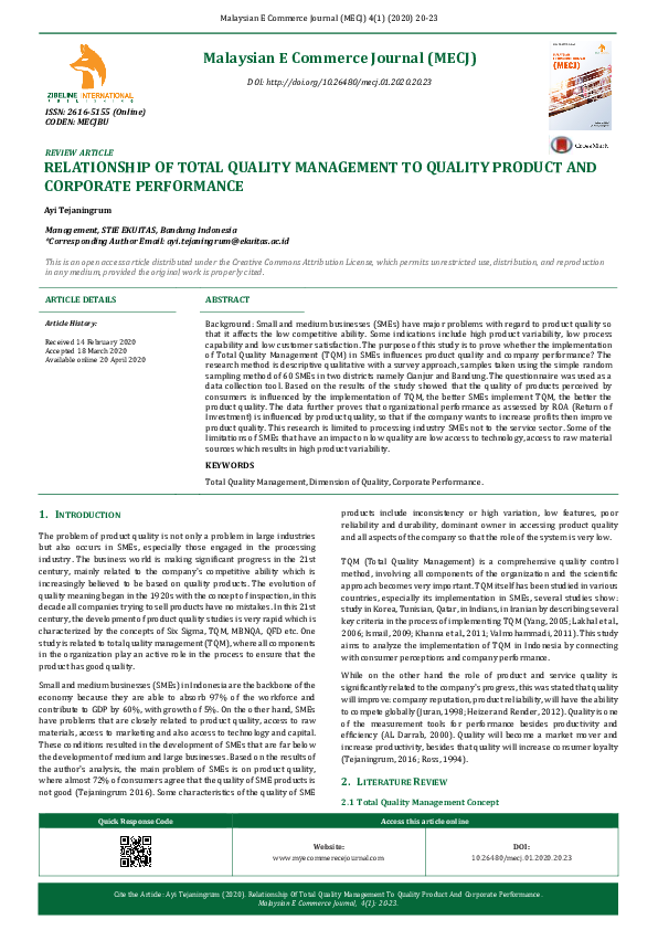 (PDF) Relationship of Total Quality Management to Quality Product and ...