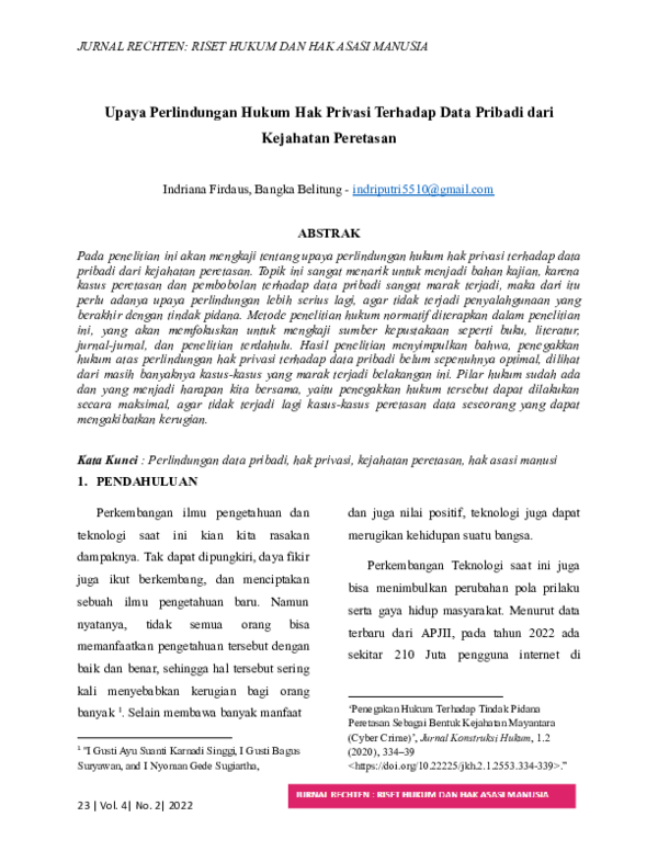 (PDF) Upaya Perlindungan Hukum Hak Privasi Terhadap Data Pribadi dari Kejahatan Peretasan