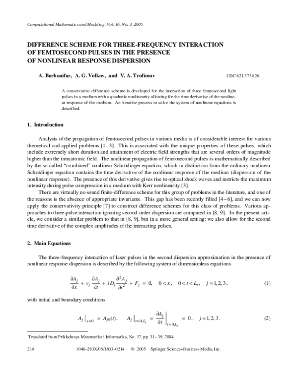 (PDF) Difference Scheme for Three-Frequency Interaction of Femtosecond Pulses in the Presence of ...