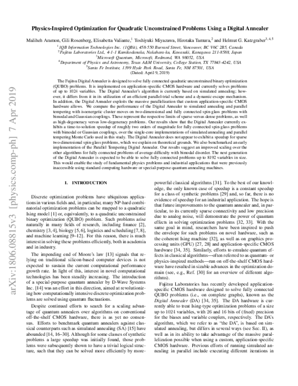 (PDF) Physics-Inspired Optimization for Quadratic Unconstrained Problems Using a Digital Annealer