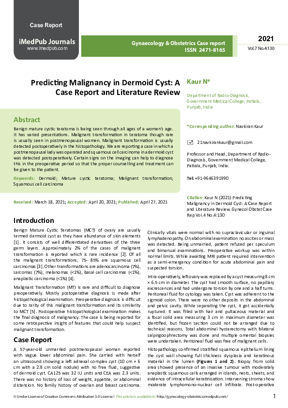 (PDF) Predicting malignancy in dermoid cyst: A case report and literature review