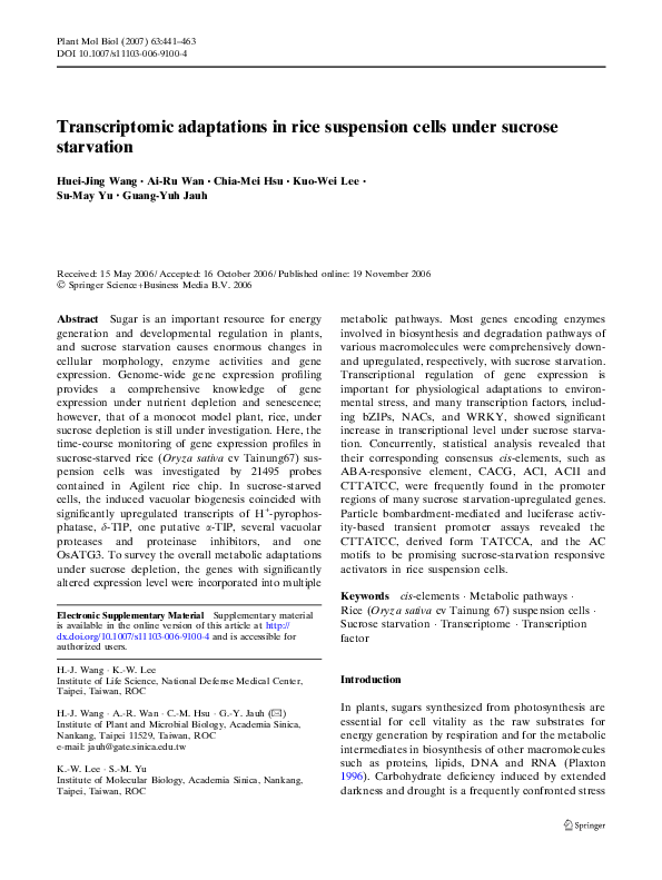 (PDF) Transcriptomic adaptations in rice suspension cells under sucrose starvation