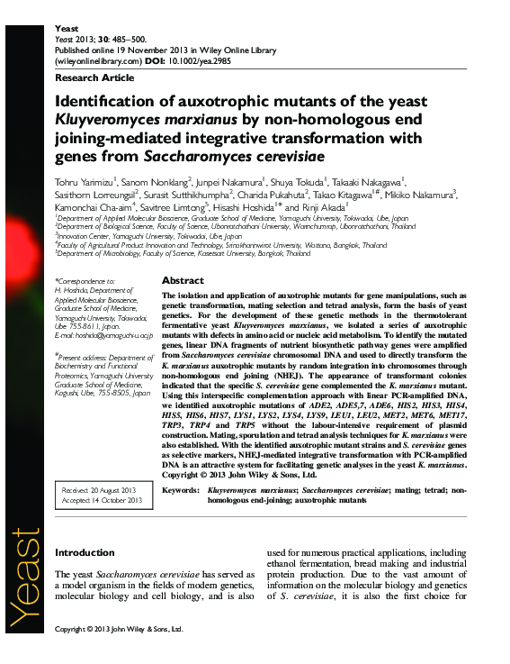 (PDF) Identification of auxotrophic mutants of the yeast Kluyveromyces ...