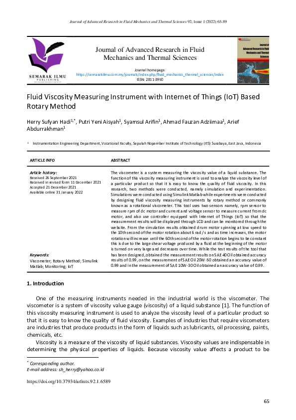 (PDF) Fluid Viscosity Measuring Instrument with Internet of Things (IoT) Based Rotary Method