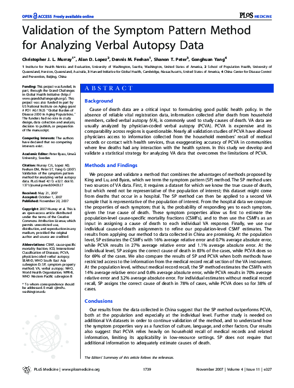 (PDF) Validation of the Symptom Pattern Method for Analyzing Verbal Autopsy Data