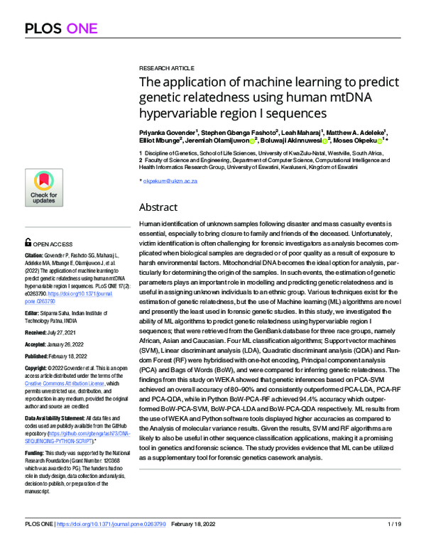 (PDF) The application of machine learning to predict genetic relatedness using human mtDNA ...