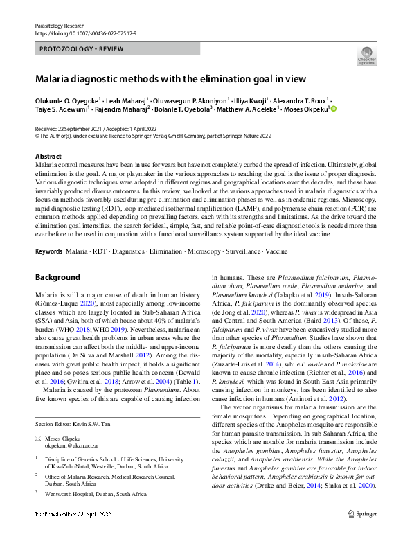 (PDF) Malaria diagnostic methods with the elimination goal in view