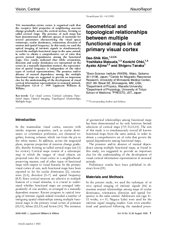 Pdf Geometrical And Topological Relationships Between Multiple Functional Maps In Cat Primary