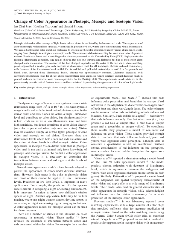 (PDF) Change of Color Appearance in Photopic, Mesopic and Scotopic Vision
