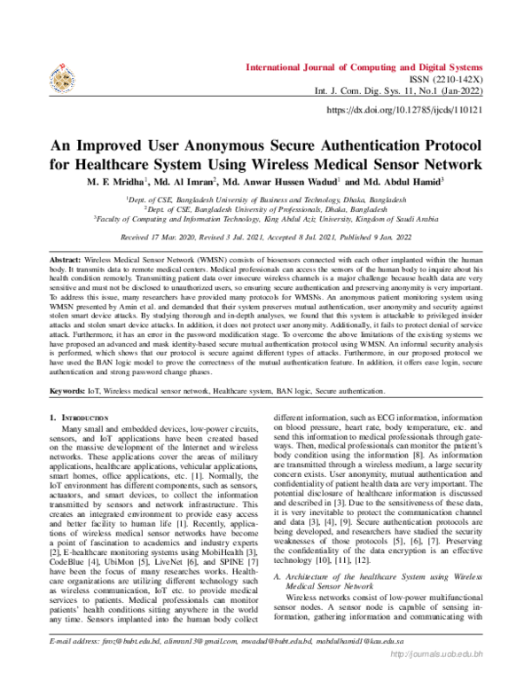 (PDF) An Improved User Anonymous Secure Authentication Protocol for Healthcare System Using ...