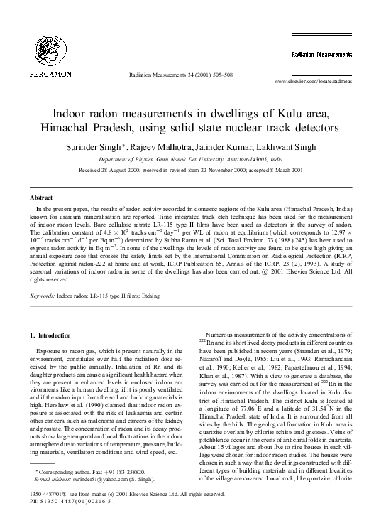(PDF) Indoor radon measurements in dwellings of Kulu area, Himachal ...