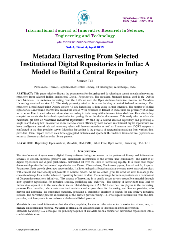 (PDF) Metadata Harvesting From Selected Institutional Digital Repositories in India: A Model to ...