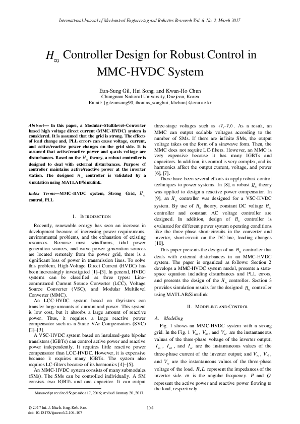 (PDF) H∞ Controller Design for Robust Control in MMC-HVDC System