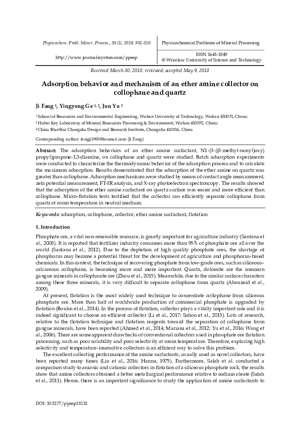 (PDF) Adsorption behavior and mechanism of an ether amine collector on ...