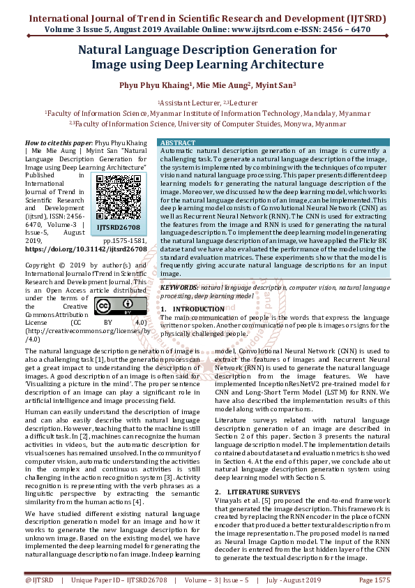 (PDF) Natural Language Description Generation for Image using Deep Learning Architecture