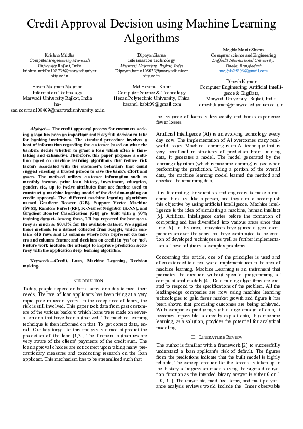 (PDF) Credit Approval Decision using Machine Learning Algorithms (PDF) Credit Approval Decision using Machine Learning Algorithms