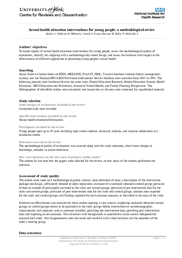 (PDF) Sexual health education interventions for young people