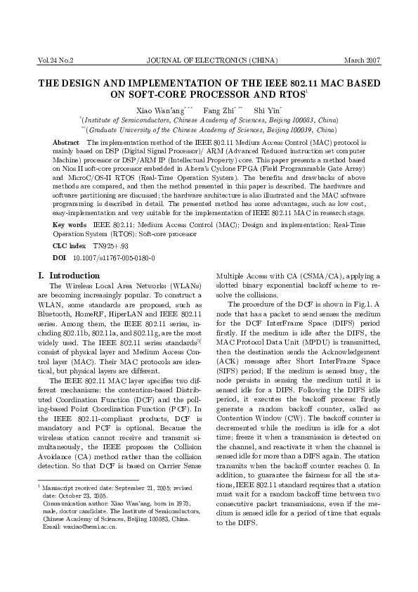 (PDF) The design and implementation of the IEEE 802.11 MAC based on soft-core processor and RTOS