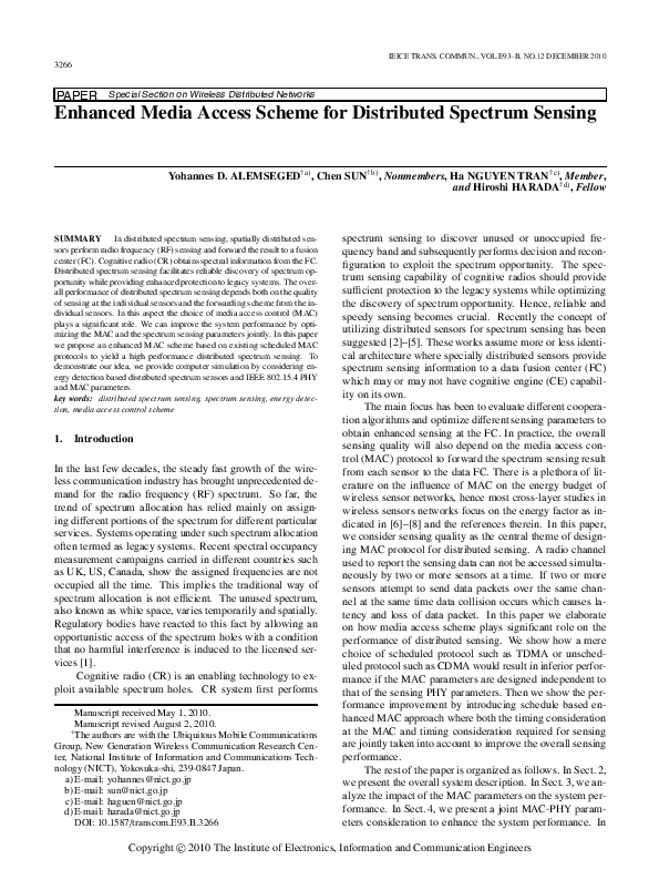 (PDF) Enhanced Media Access Scheme for Distributed Spectrum Sensing